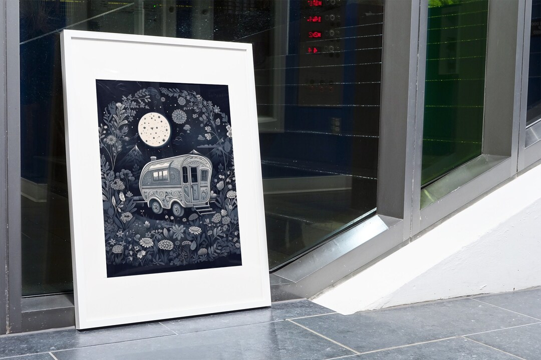 Boho Cozy Caravan in a Moonlight Forest Illustration Digital Print for ...