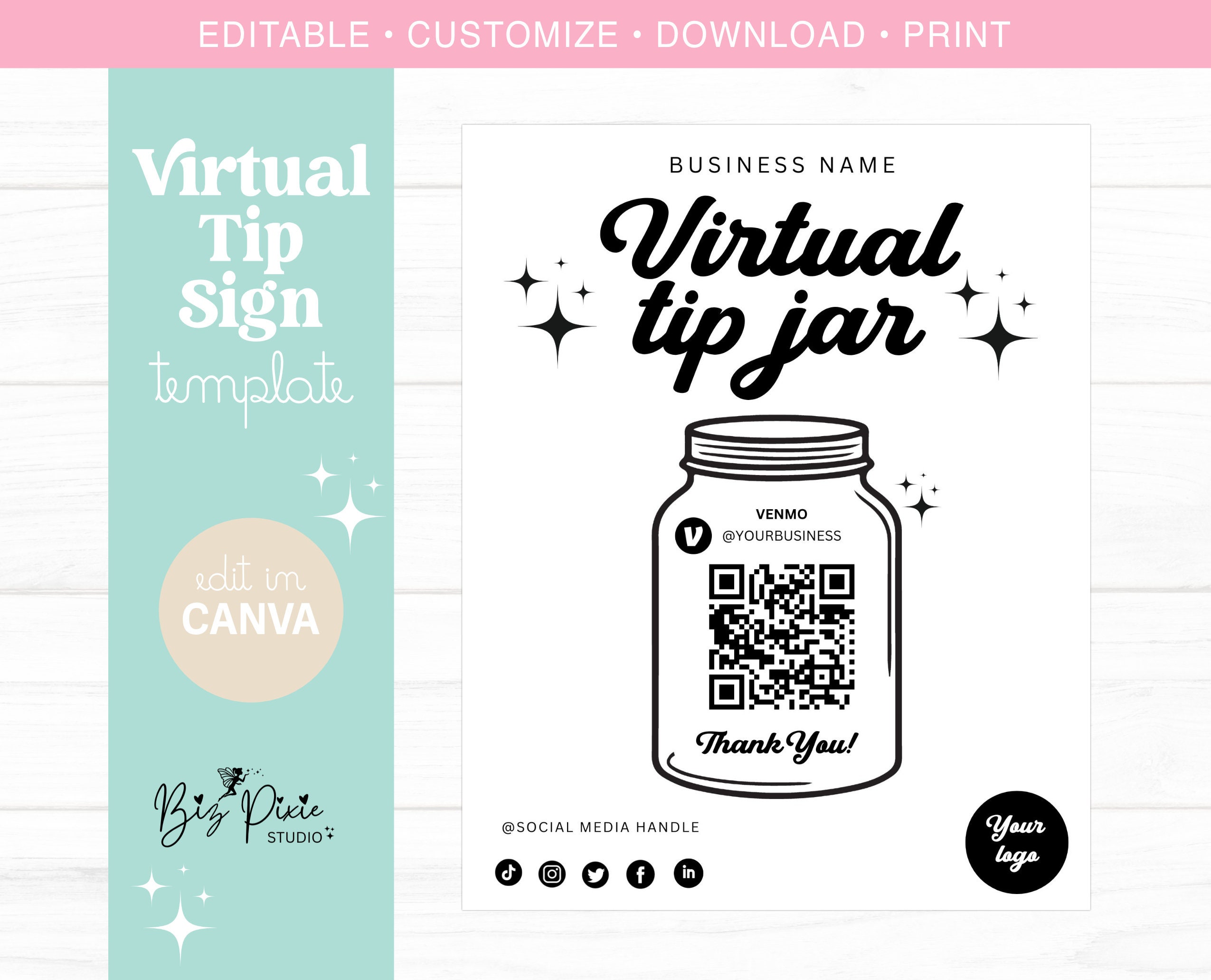 Virtual Tip Jar Sign, Tip Jar, Payment Sign, QR Code Sign, Payment ...