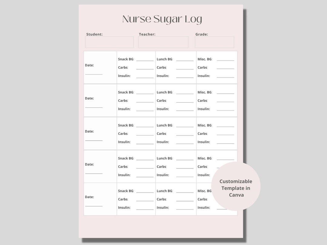 T1D Nurse Log, Glucose Nurse Log, T1D School Log, Diabetes School Log ...