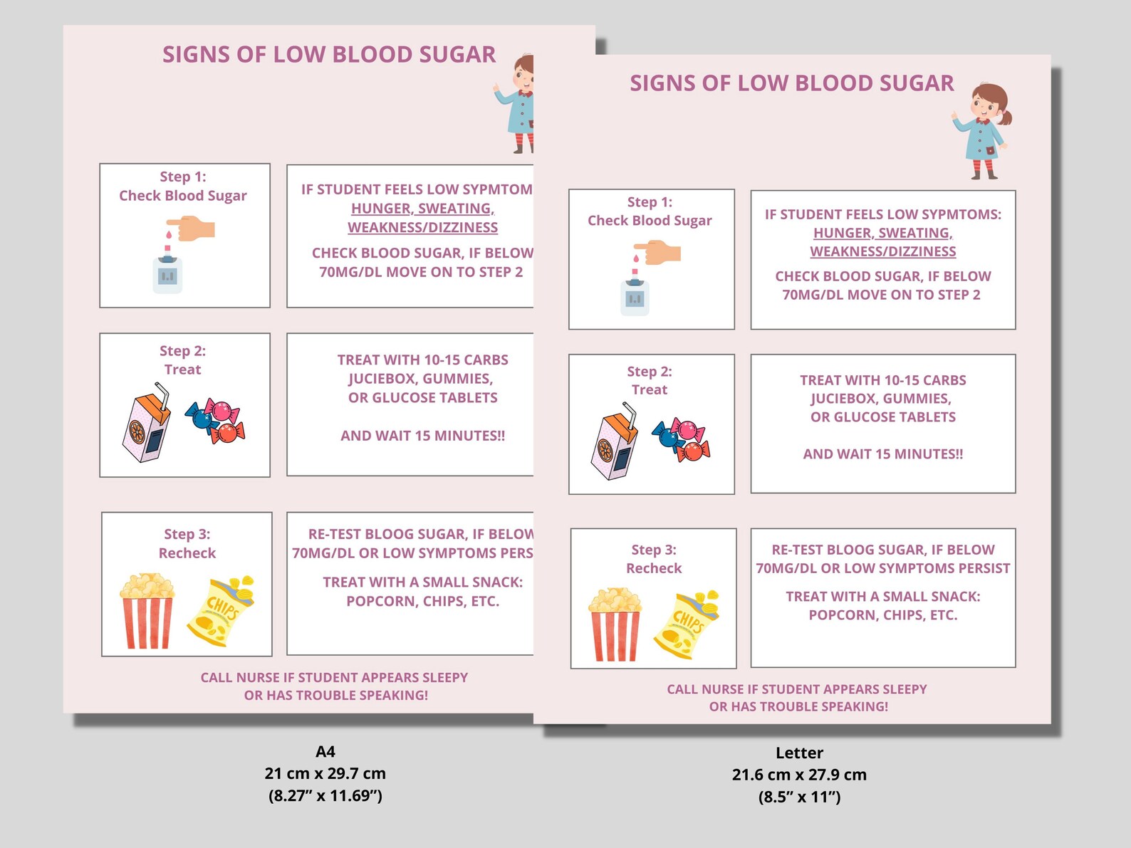 T1D Low Signs, Printable School Glucose Poster, Signs of Low Blood ...