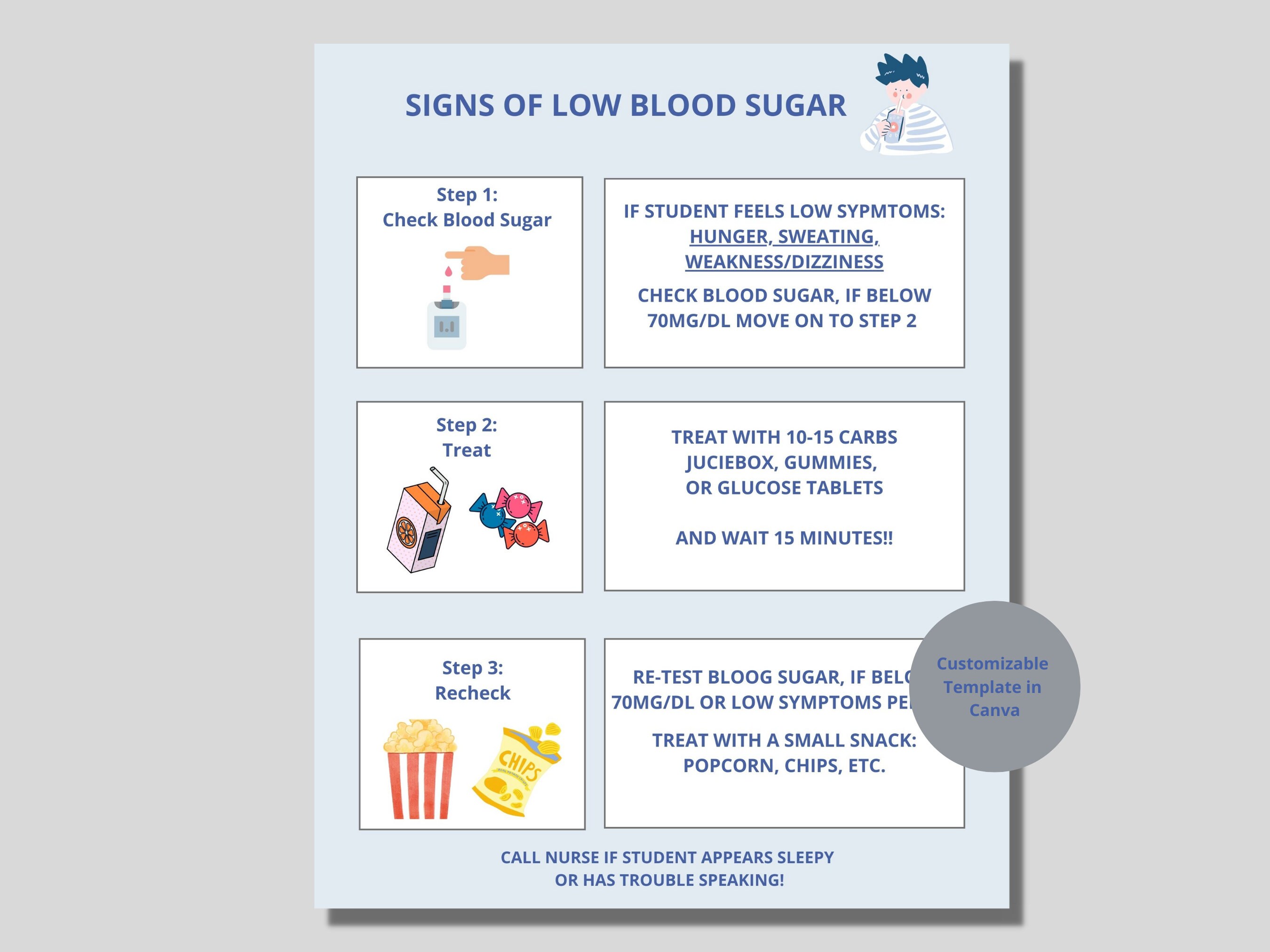 T1D Low Signs, Printable School Glucose Poster, Signs of Low Blood ...