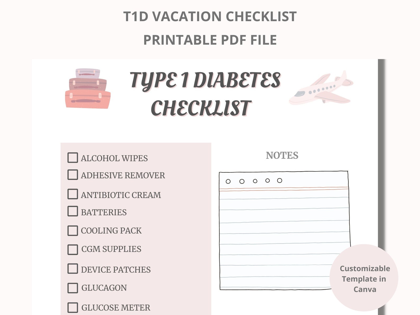 Type 1 Diabetes Travel Checklist, Printable T1D Packing List, T1D ...