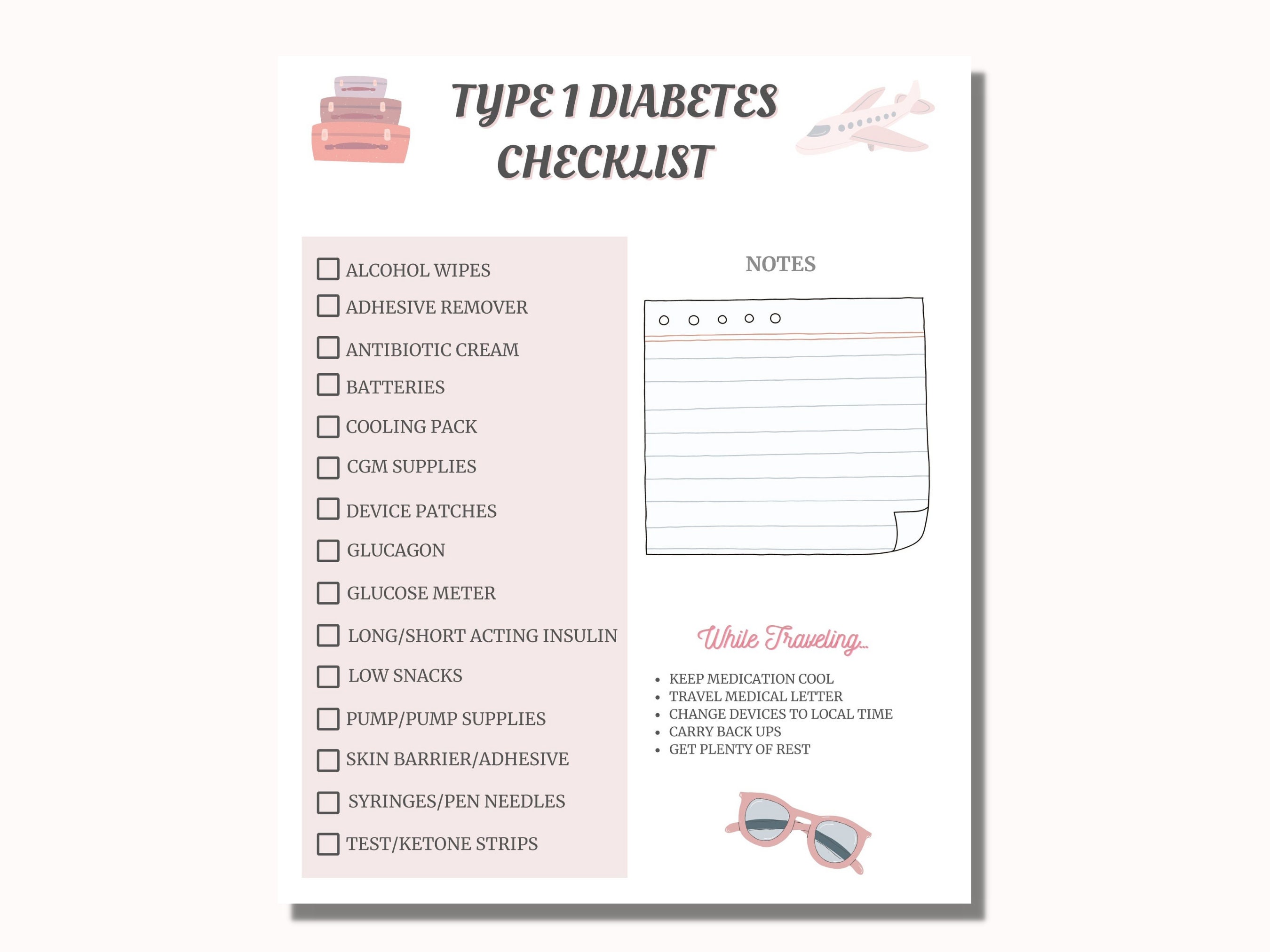 Type 1 Diabetes Travel Checklist, Printable T1D Packing List, T1D ...