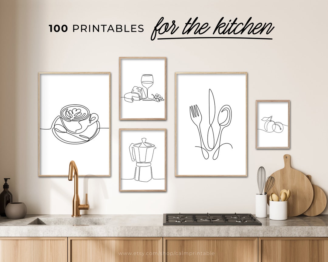 Printable Kitchen Wall Art, Line Drawing Kitchen Prints, Housewarming ...