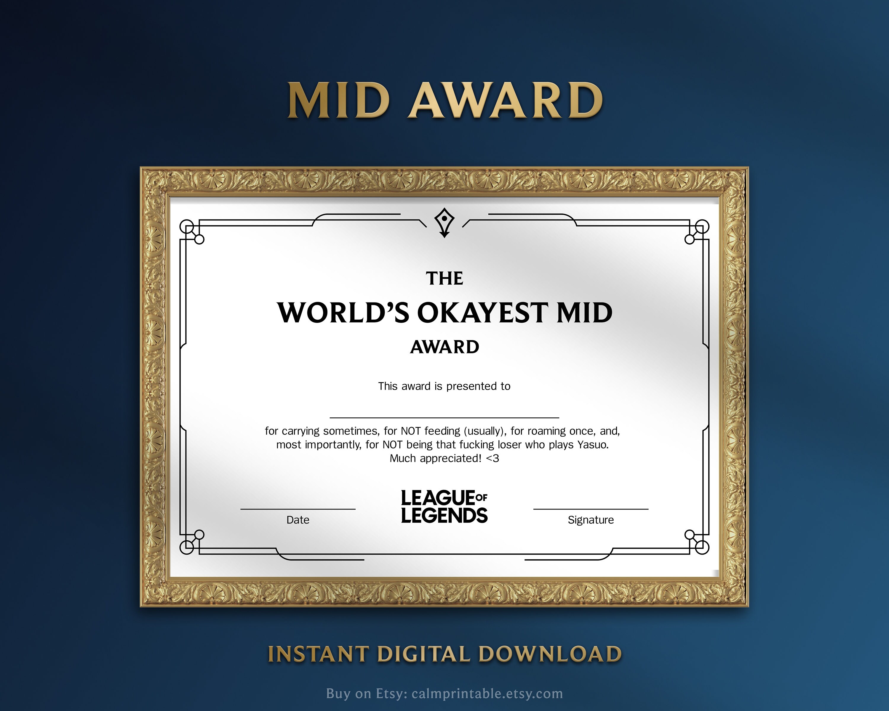 Printable League of Legends Poster, World's Okayest Mid Award, Funny ...