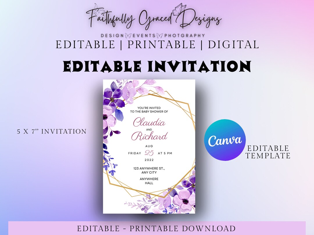 Purple Spring Flower Invitation Editable Template - Etsy