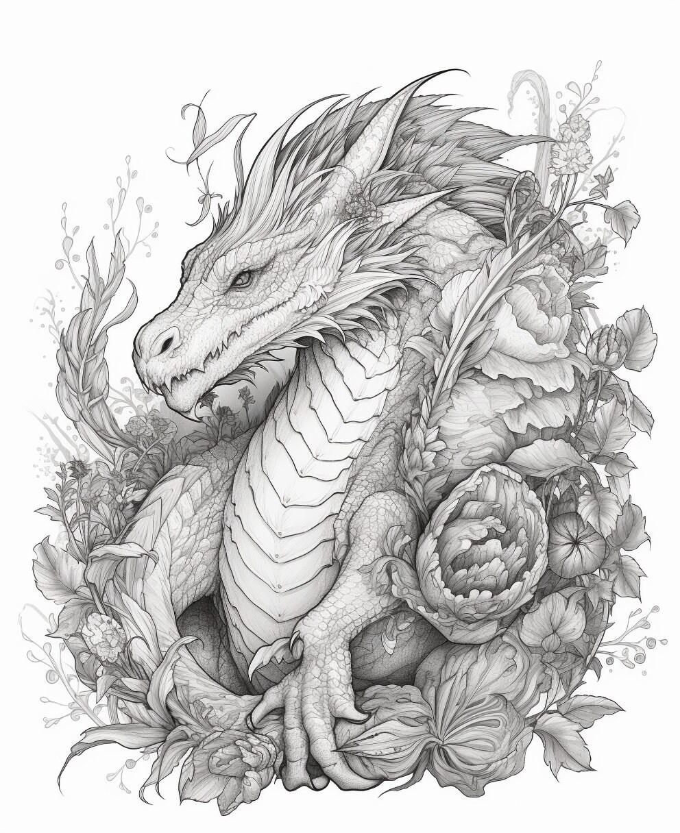 20 Flower Dragon Fantasy Coloring Pages - Adults & Kids - Instant ...