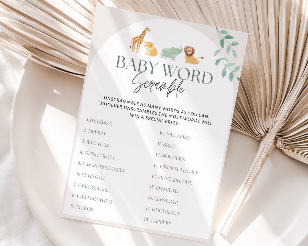 Baby Word Scramble Baby Shower Game Watercolor Eucalyptus Animals ...