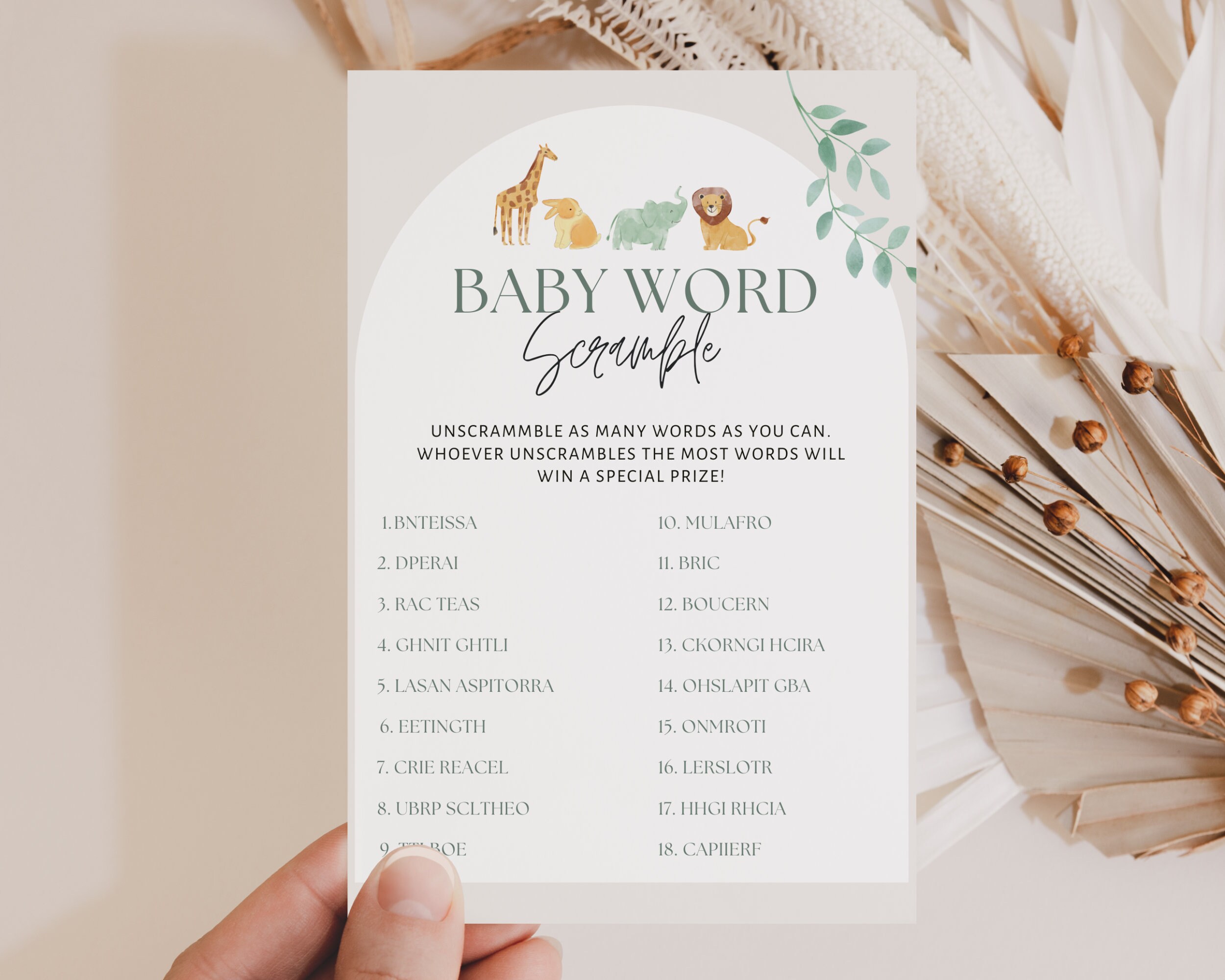 Baby Word Scramble Baby Shower Game Watercolor Eucalyptus Animals ...