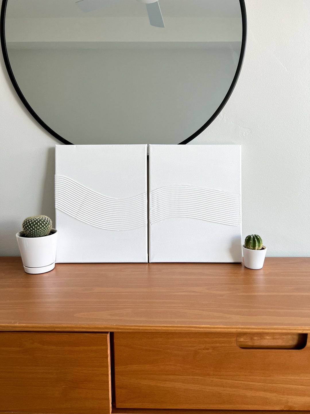 Horizontal Lines Set of 2 Canvas White Textured Wall Art Plaster ...