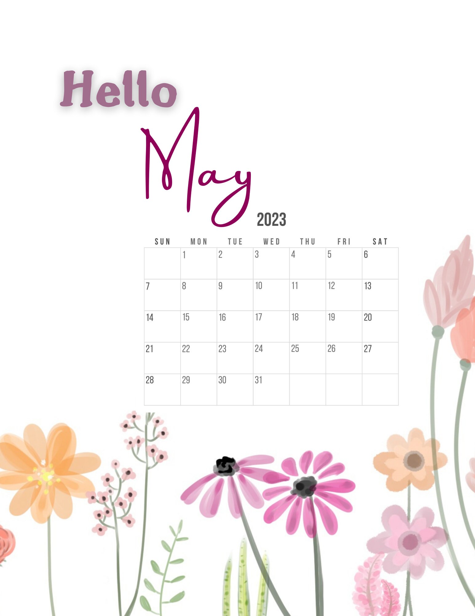 Printable Single Page Calendar, May 2023 - Etsy