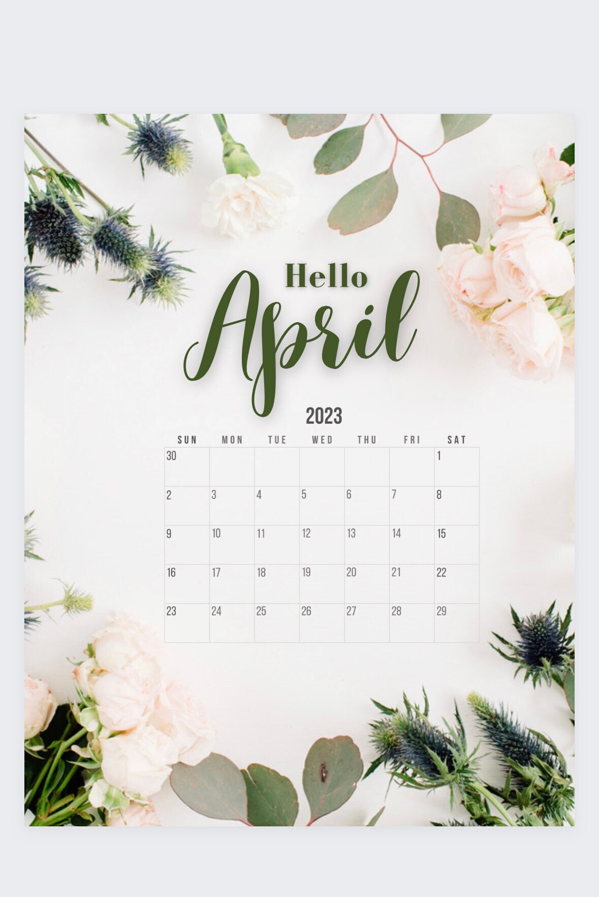 Printable Floral One Page April 2023 Calendar - Etsy