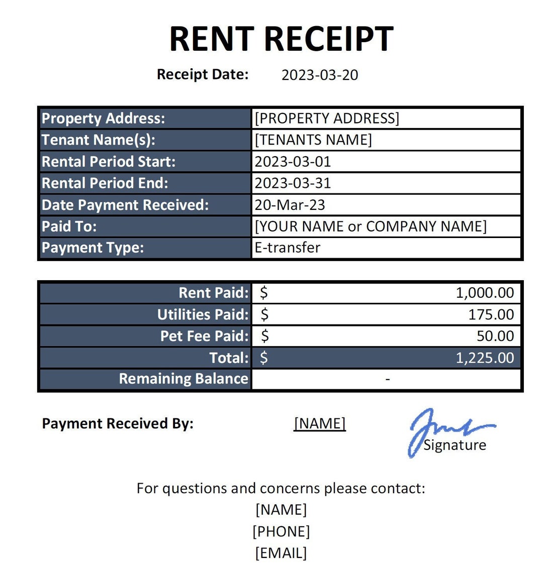Rent Receipt Template With Automated Completion Two Clicks - Etsy Canada