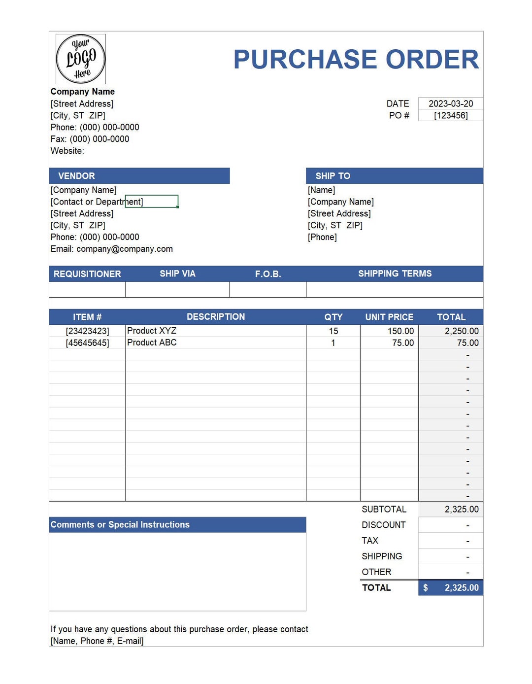 Purchase Order Template Editable MS Excel Template - Etsy