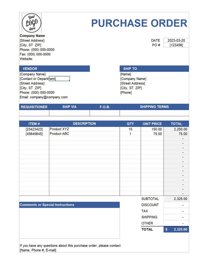 Purchase Order Template - Editable MS Excel Template - Professional ...