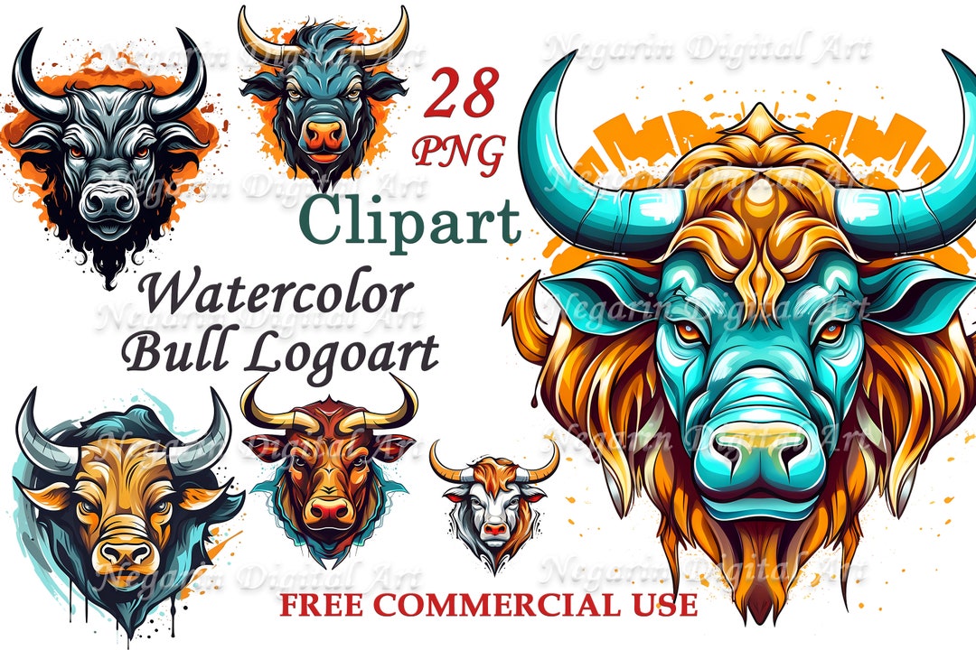 Watercolor Bull Logoart Clipart, Digital Download, Bull Illustrations ...