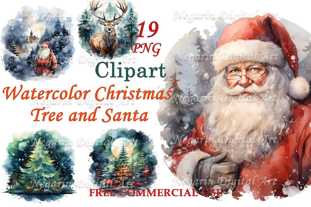 Christmas Tree & Santa Clipart – Watercolor Holiday PNG Set - Etsy