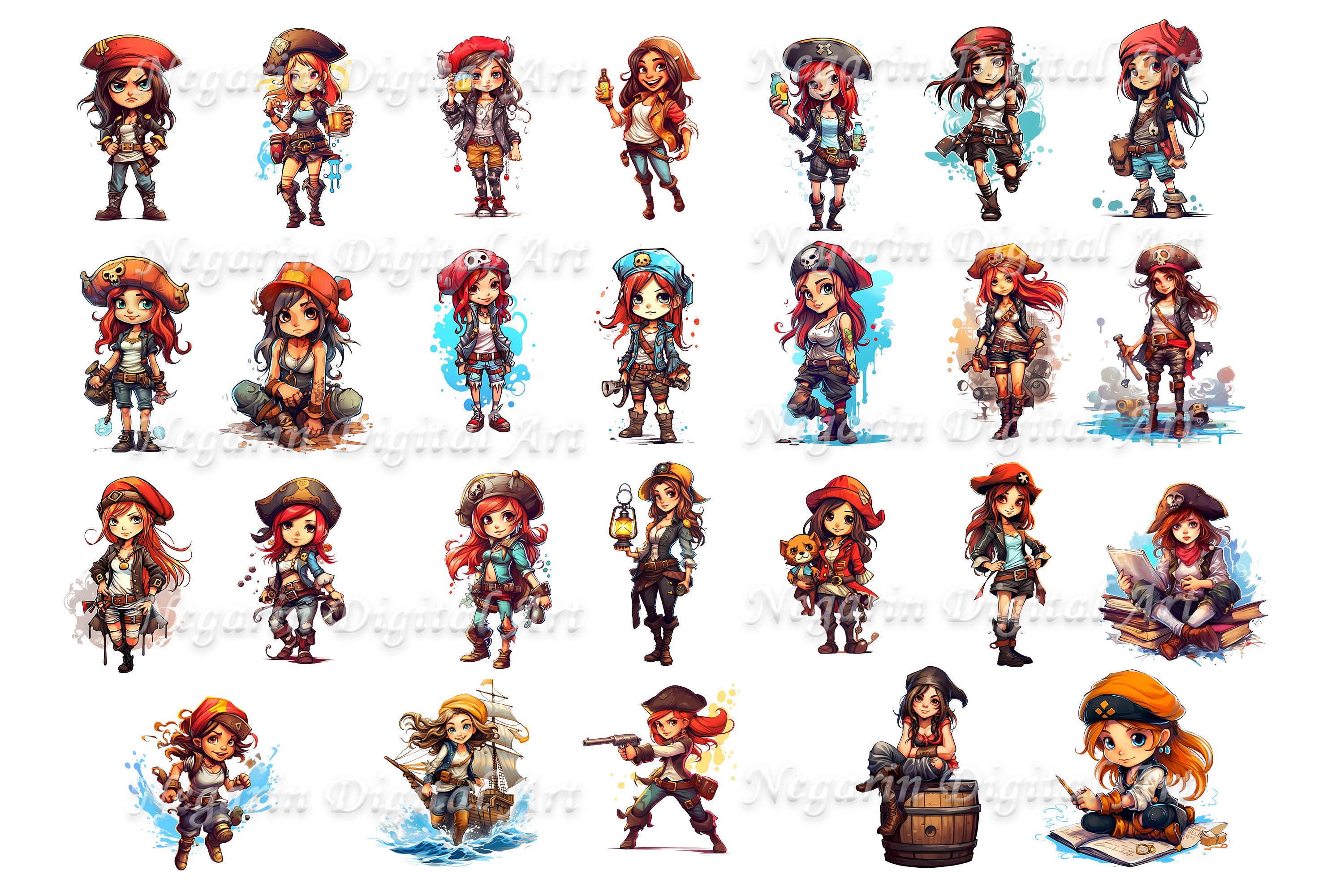 Watercolor Cute Pirate Girl Art Print, Digital Download, Nursery Decor ...