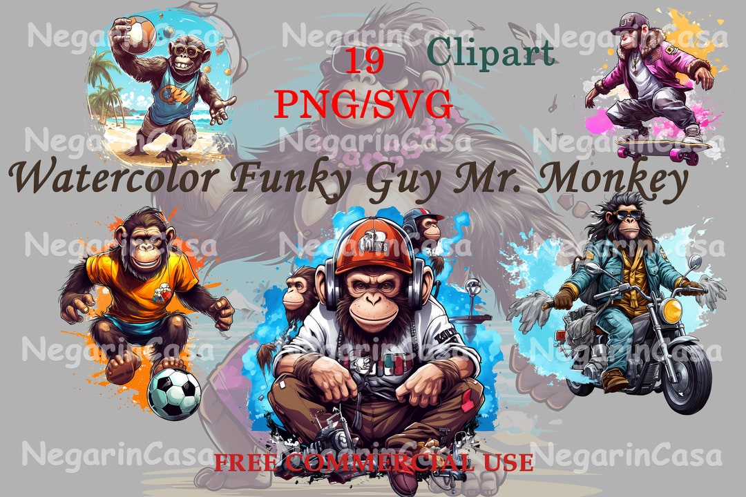 Colorful Watercolor Funky Guy Mr. Monkey Clipart - Digital Download ...