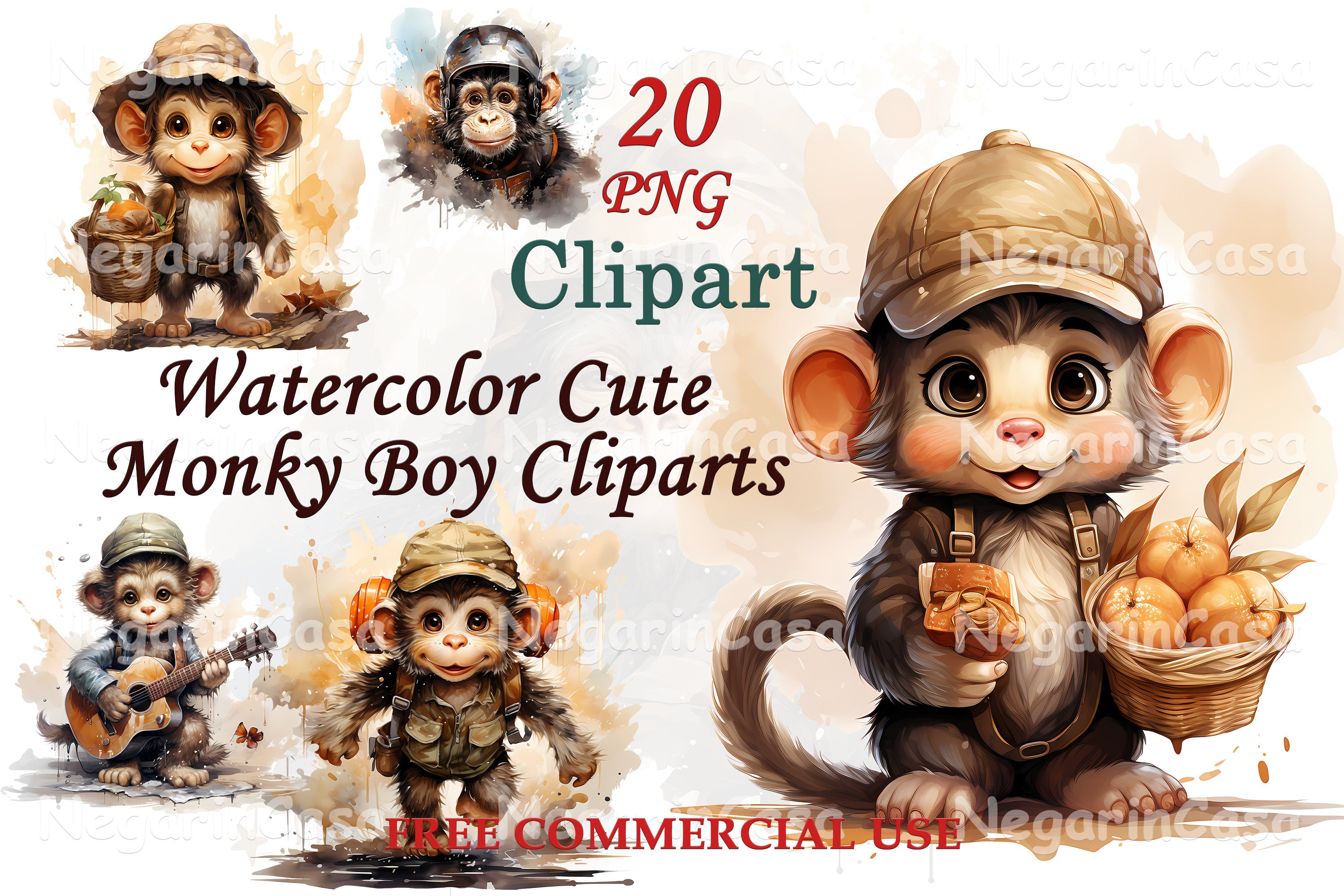Watercolor Cute Monkey Boy Clipart for Nursery Decor, Birthday Invitations, and More Negarin ...