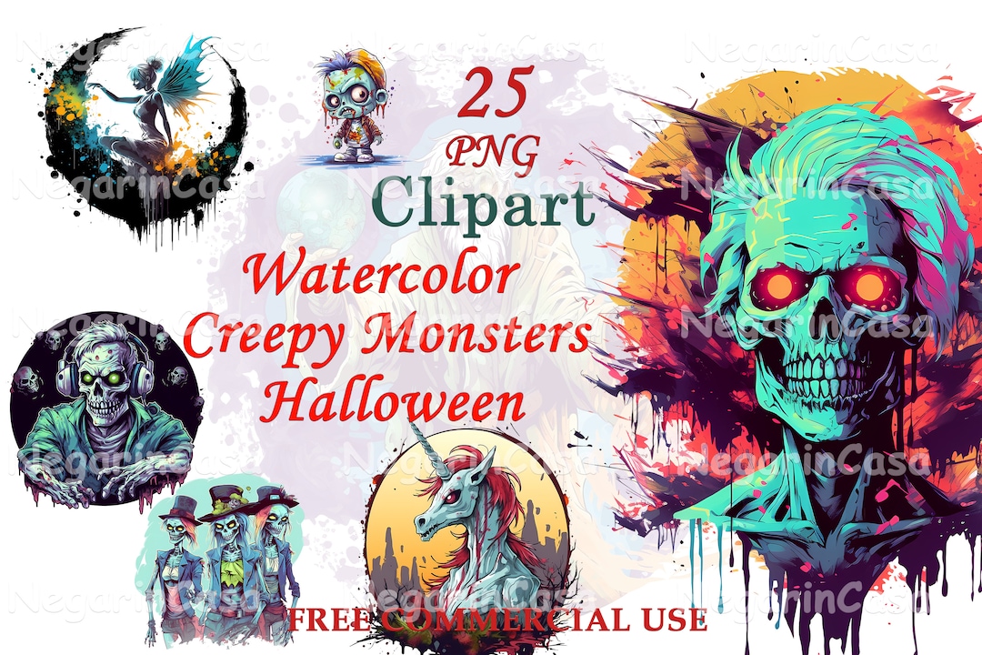 Halloween Monster Clipart – Spooky Watercolor Creatures PNG Set - Etsy