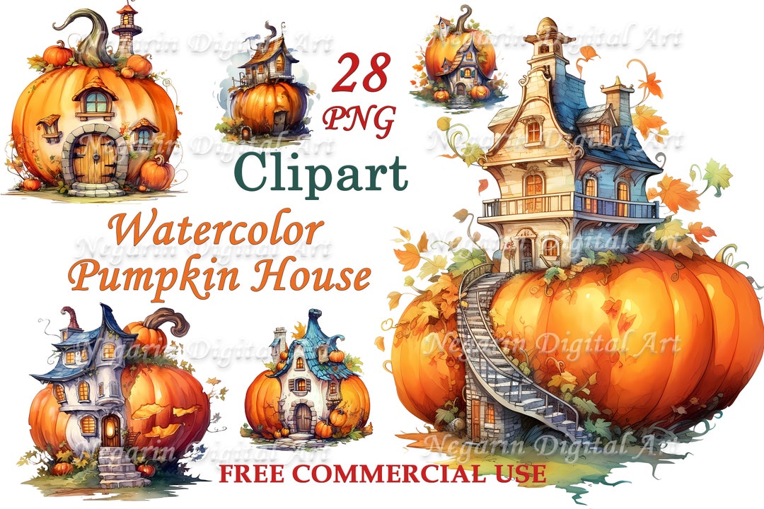 Pumpkin House Clipart – Watercolor Autumn Cottage PNG Set - Etsy