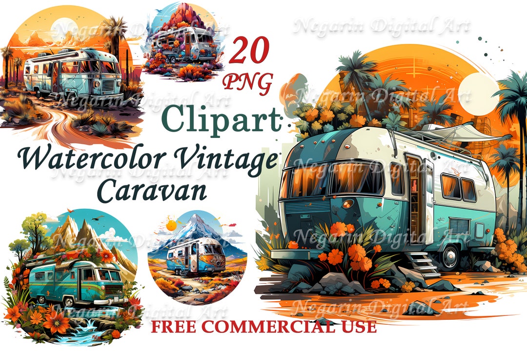 Vintage Caravan Clipart – Watercolor Camper PNG, Travel Van Art - Etsy