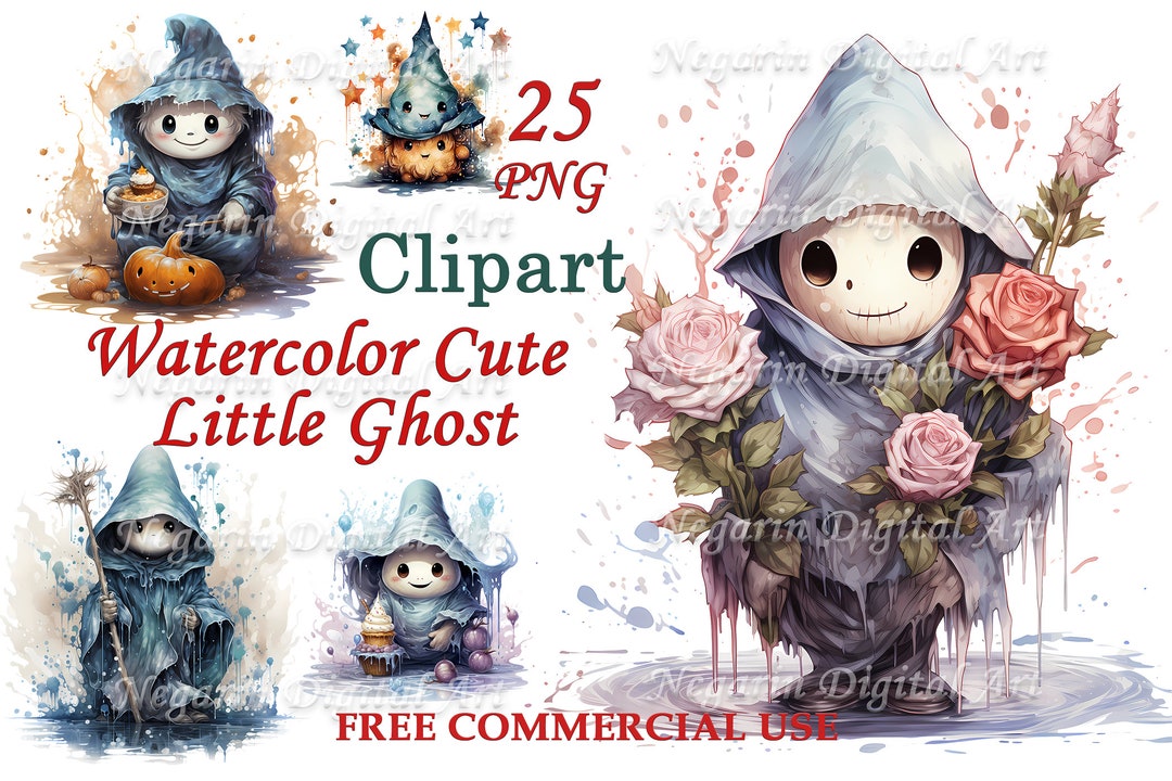 Watercolor Cute Little Ghost Clipart - Instant Download PNG Files ...