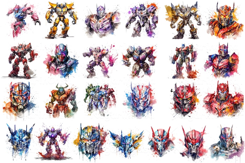 Watercolor Transformers Clipart: 25 PNG Character Graphics (digital ...