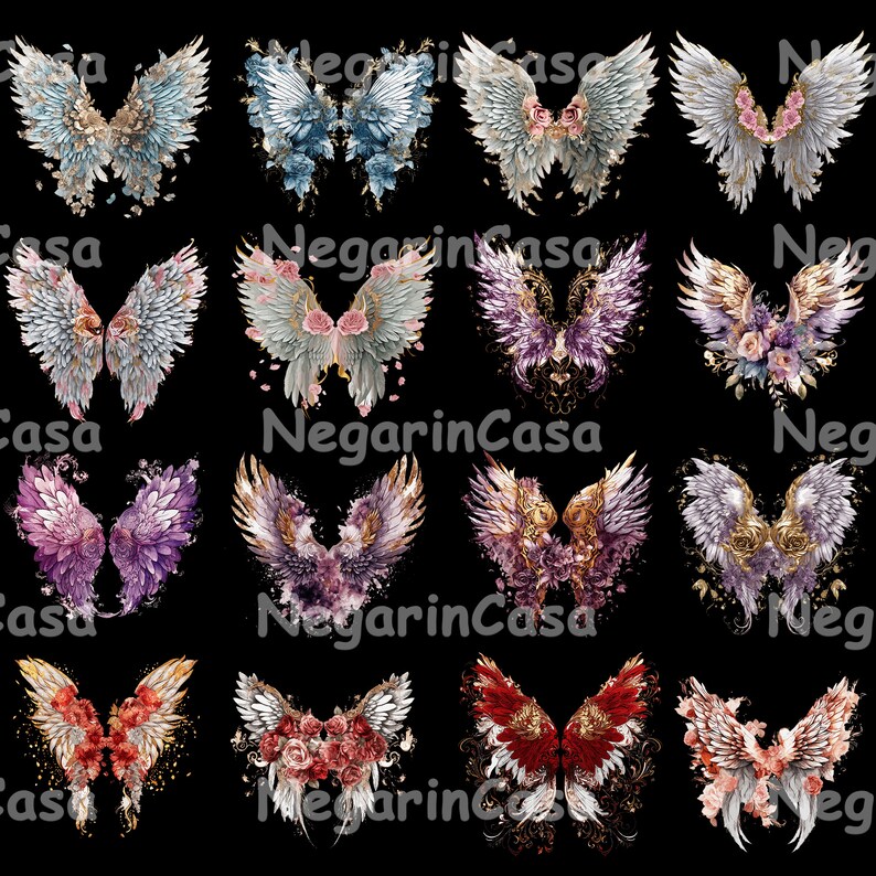 Watercolor Angel Wings Clipart – Floral Golden Wings PNG, Spiritual Art ...