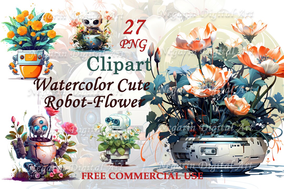 Robot Flower Clipart – Watercolor PNG for Futuristic & Whimsical Art - Etsy