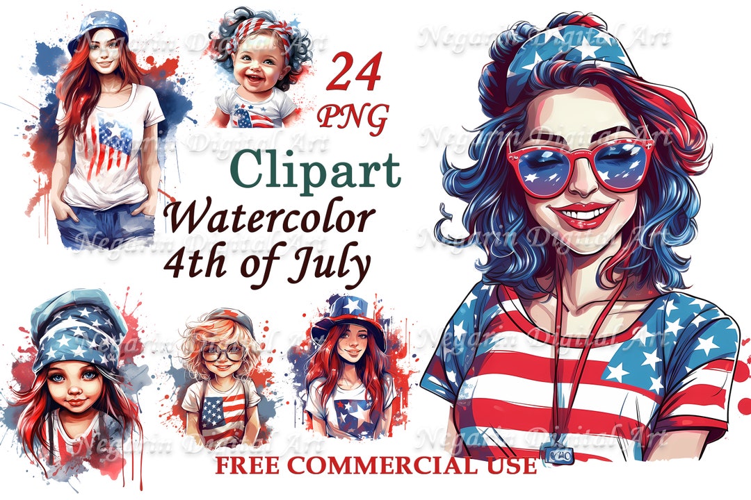 4th of July Watercolor Girl Clipart – American Independence Day PNG ...