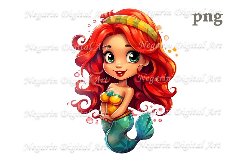 Little Mermaid Clipart – Watercolor Cute Ocean Girl PNG, Undersea Art ...