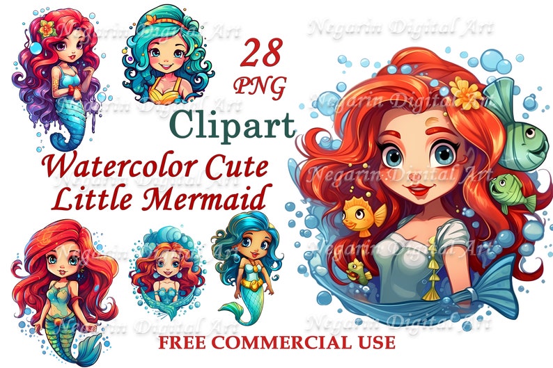 Little Mermaid Clipart – Watercolor Cute Ocean Girl PNG, Undersea Art ...