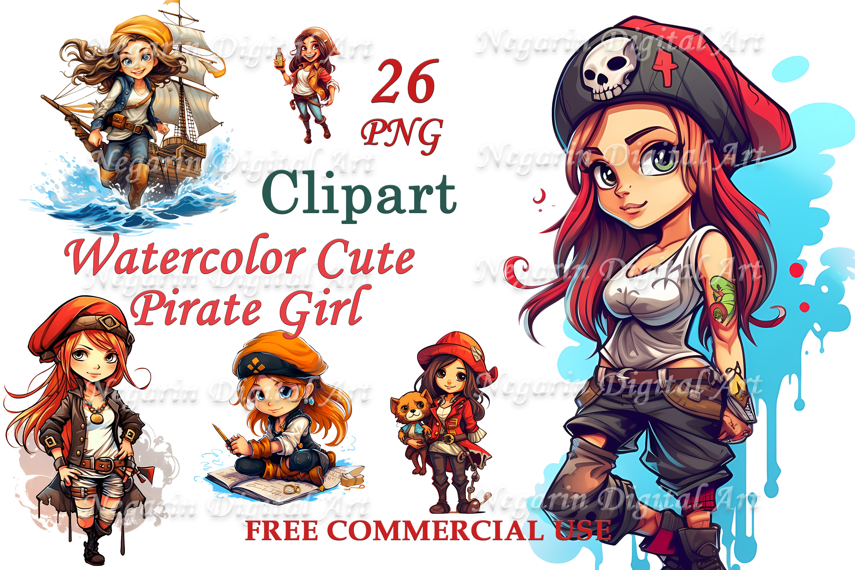 Watercolor Cute Pirate Girl Art Print, Digital Download, Nursery Decor ...