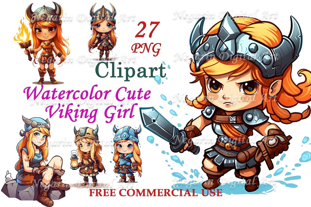 Watercolor Cute Viking Girl Clipart Digital Download, Cute Illustration ...