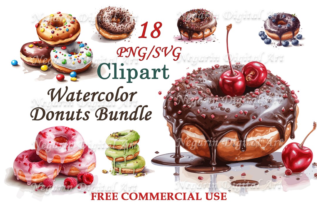 Donut Clipart Bundle – Watercolor Sweet Treats PNG, Bakery Art - Etsy