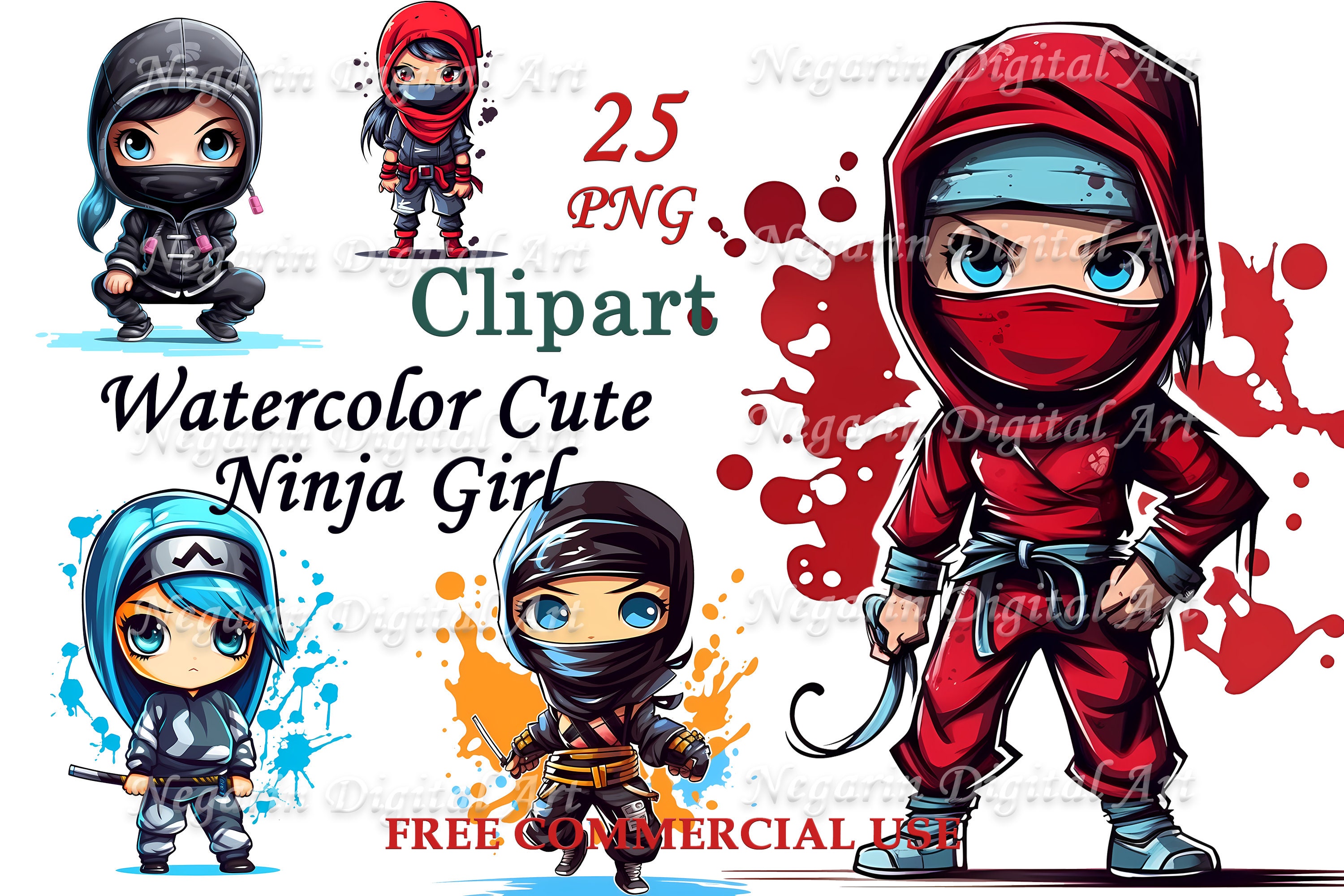Watercolor Cute Ninja Girl Wall Art Print, Digital Download, Nursery ...