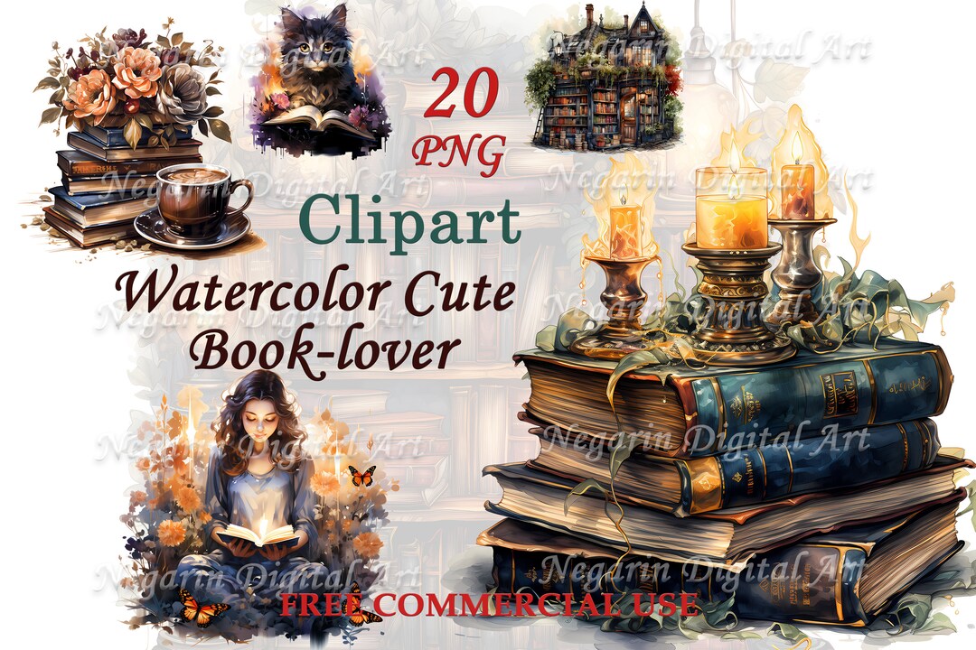 Book Lover Clipart – Watercolor PNG for Reading Art & Cozy Decor - Etsy