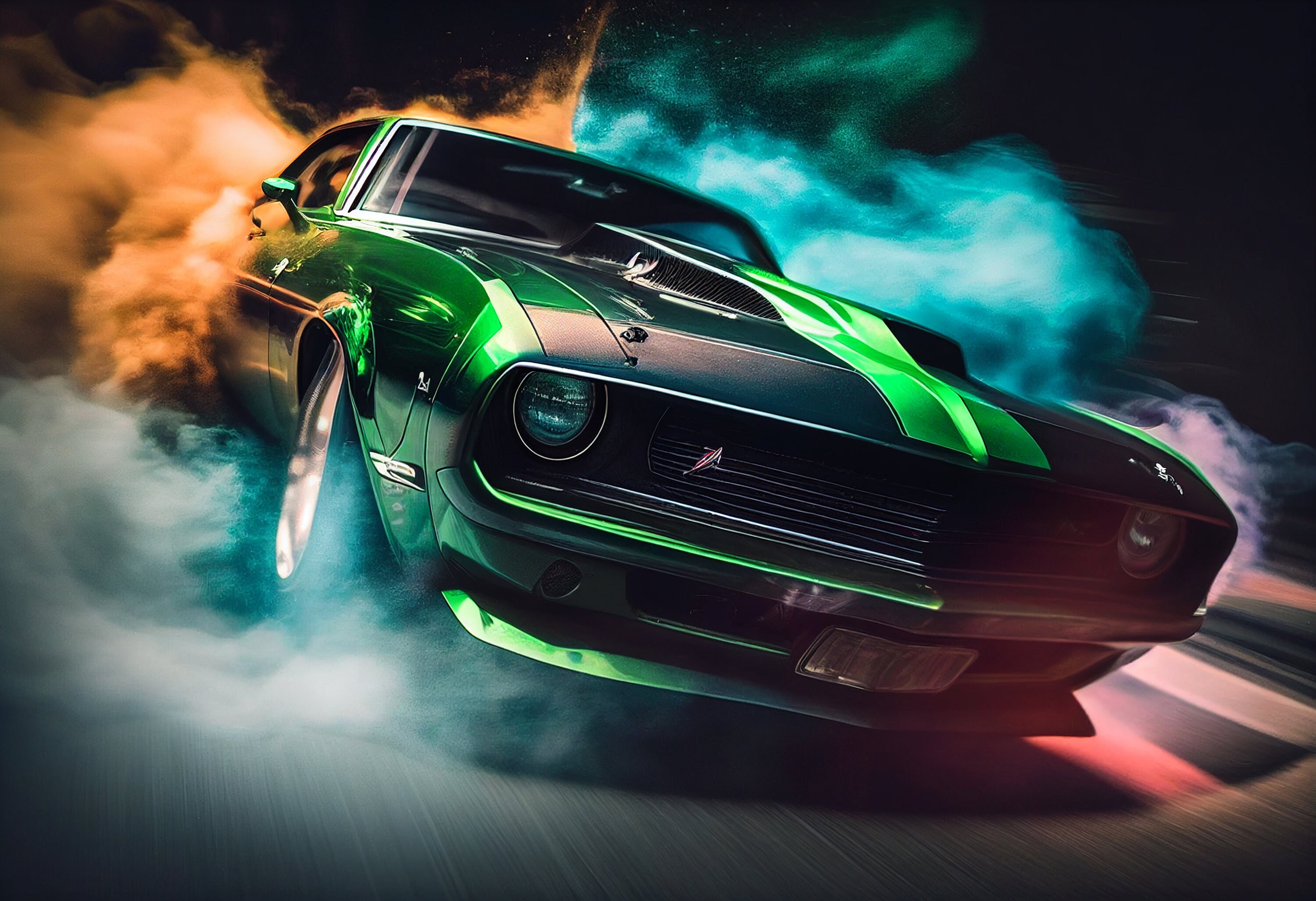 Green Muscle Car With Blue and Red Smoke - High-quality Printable Wall ...