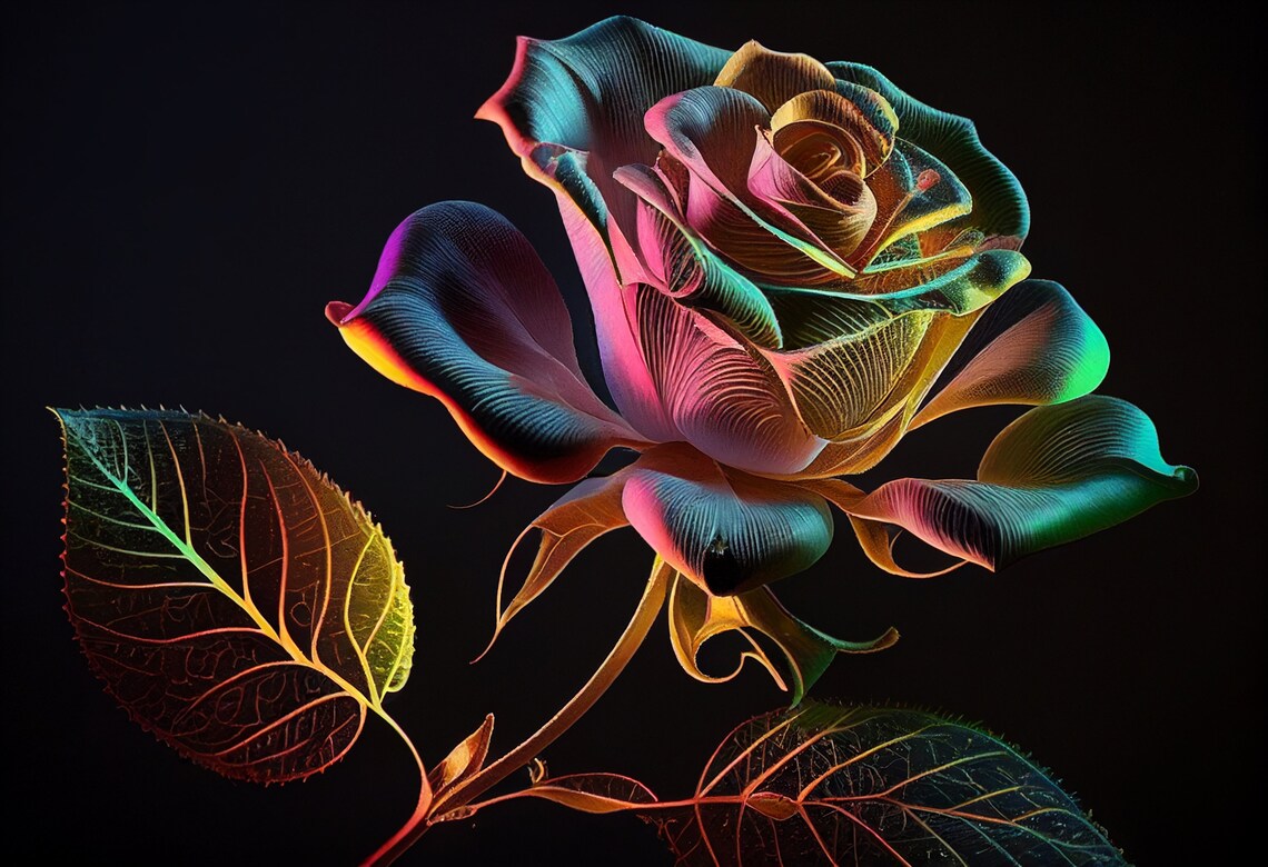 Fluorescent Pink and Gold Rose Digital Art Printable Wall Décor With ...