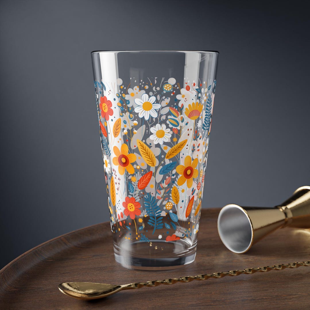 Floral Pint Glass, Colorful Drinking Glass, Flower Design Barware ...