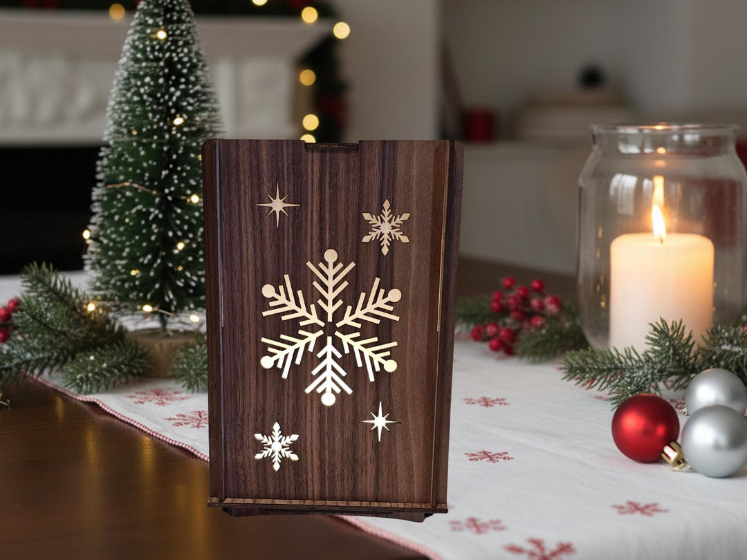 Walnut Snowflake Lantern – Handmade Christmas Light Box, Winter Accent ...
