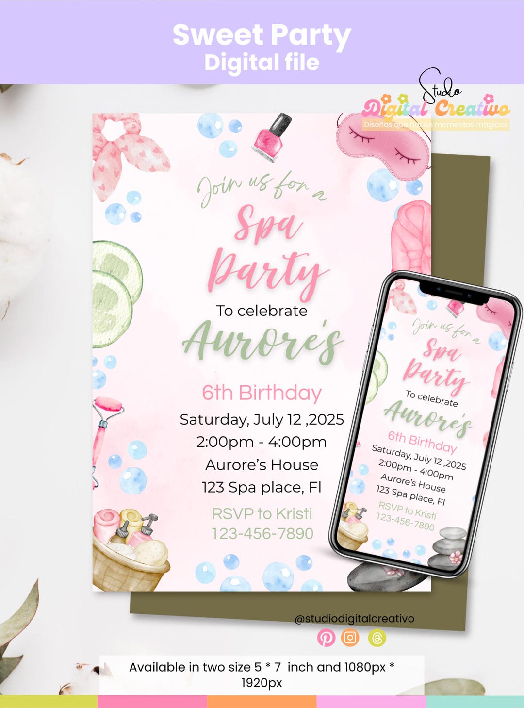 Spa Party Invite Summer Theme Modern Pink Birthday Invitation Glam for ...