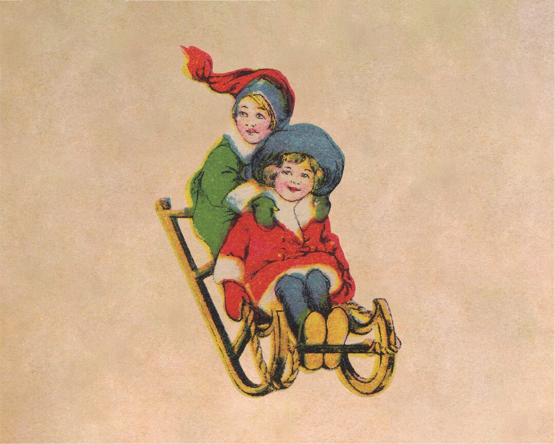 Vintage Printable Sledding Children, Christmas Holiday Clip Art, JPG ...