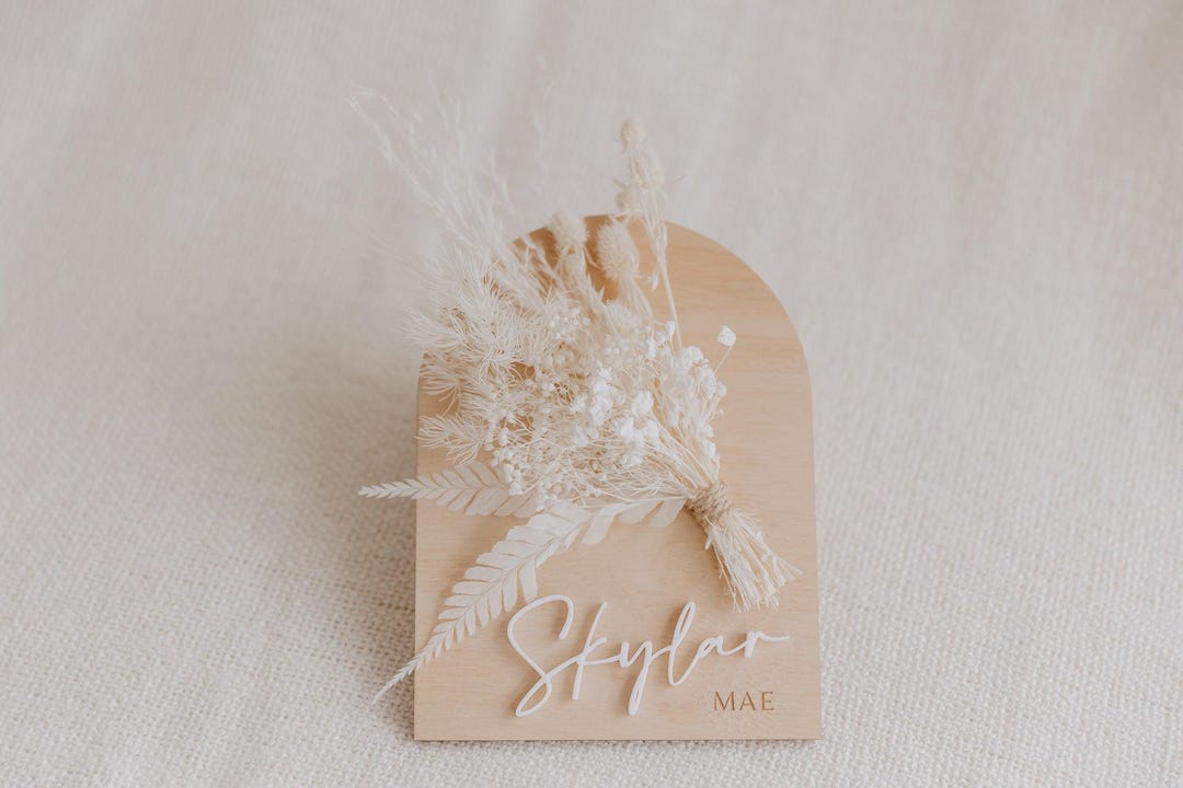 Dried Flower Posy Baby Name Plaque, Arch Shape Wood and Acrylic Sign ...