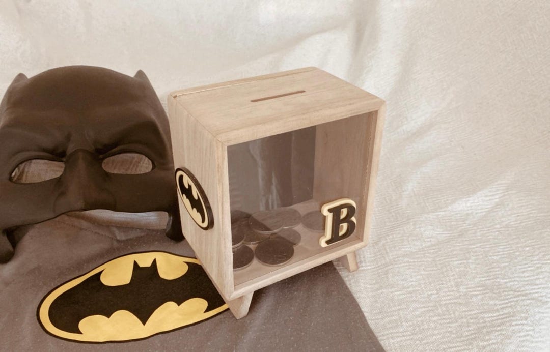 Money Box Piggy Bank Personalised - Batman Style, Wooden Kids Money Box ...