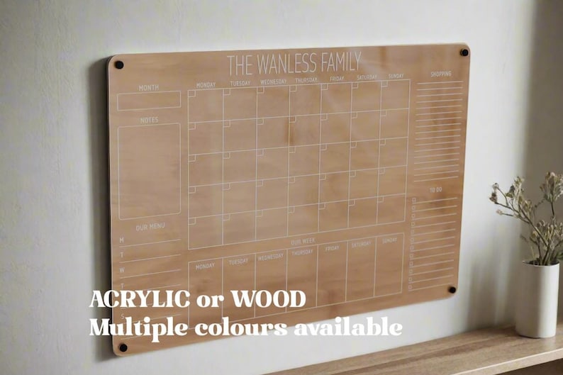 Large Monthly Acrylic Wall Calendar Personalised, MONDAY to SUNDAY ...