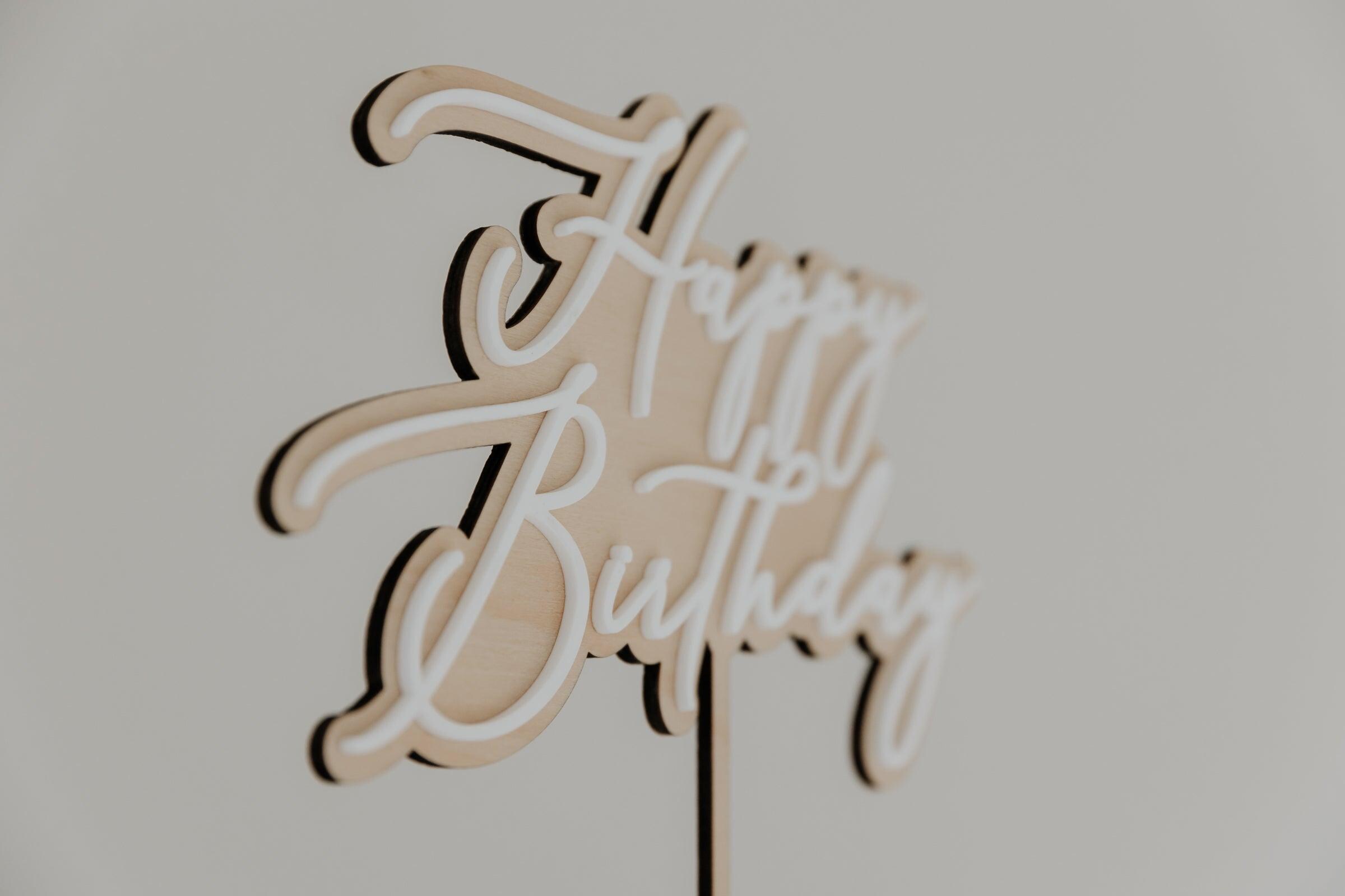Happy Birthday Double Layer Cake Topper, Wooden and Acrylic Cake Topper ...