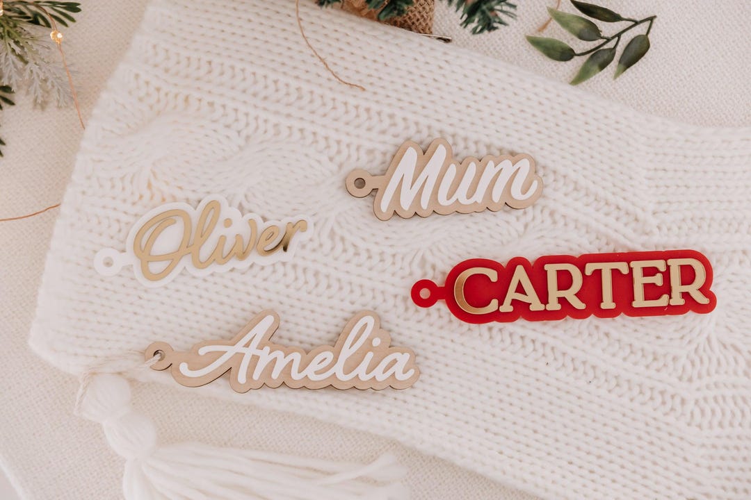 Christmas Stocking Name Tag Double Layer, Acrylic and Wood Stocking Tag ...